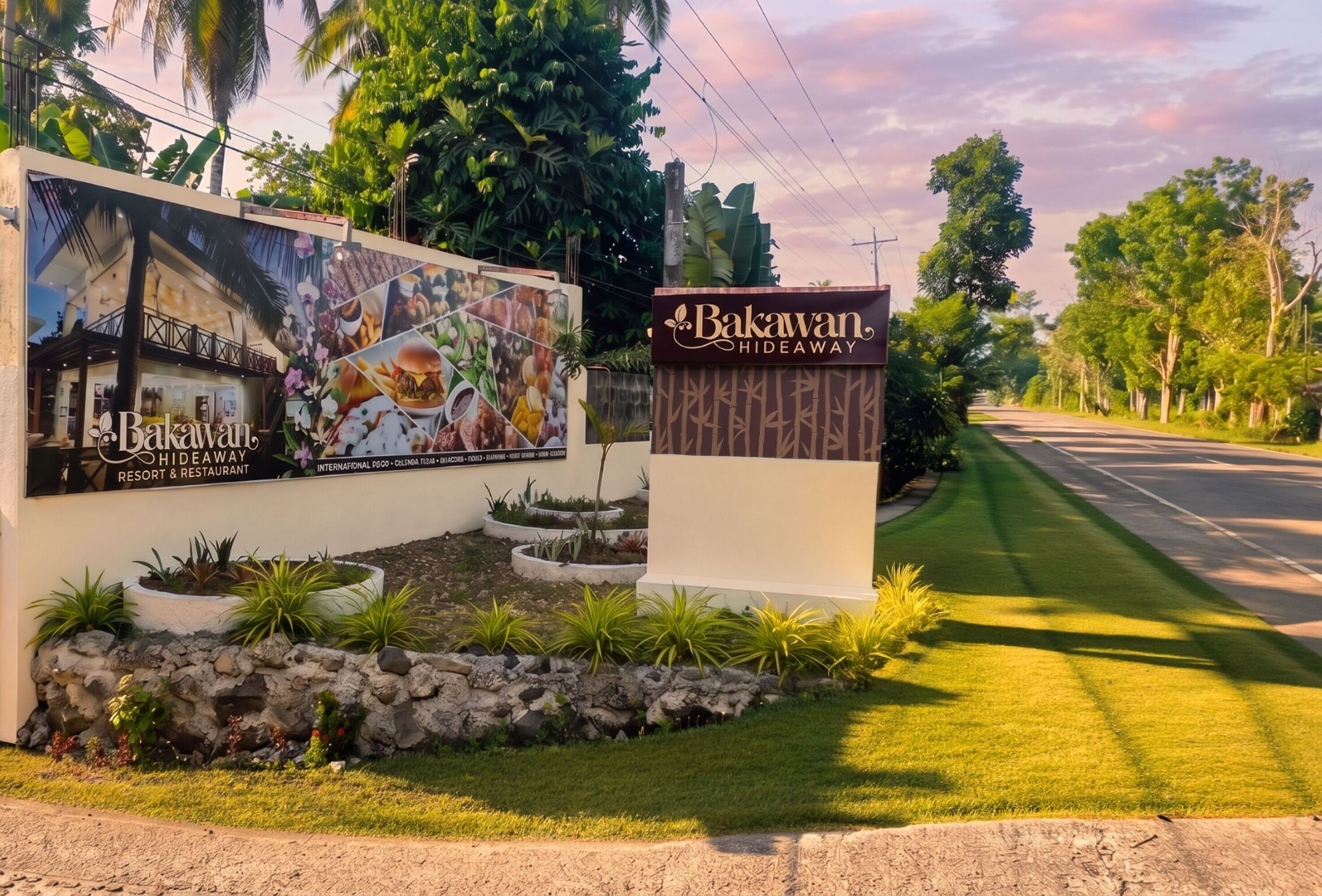 Placa para o Bakawan Hideaway Resort & Restaurant com um jardim paisagístico na frente.