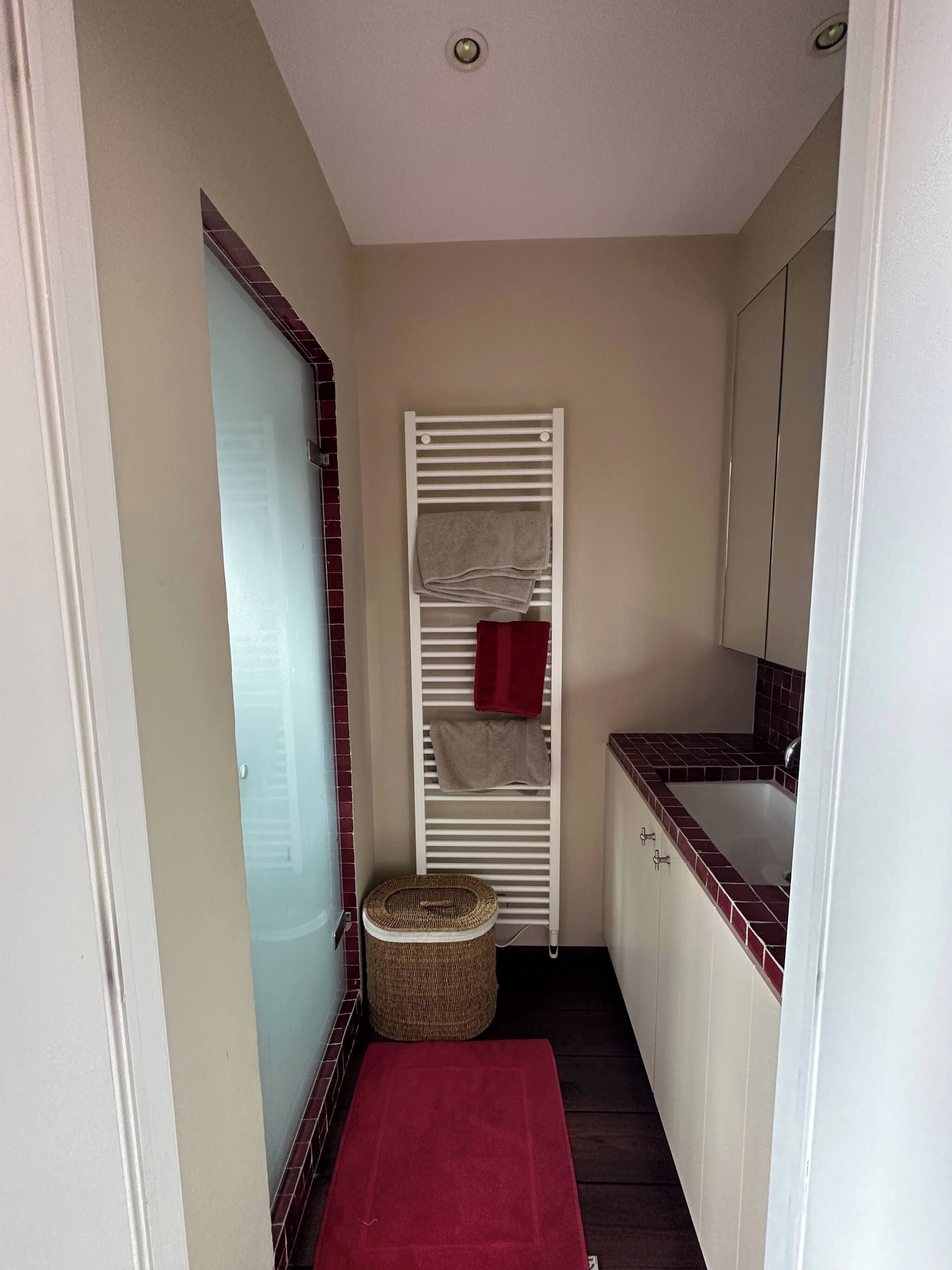 Um banheiro compacto com um porta-toalhas branco, uma toalha vermelha, um pequeno cesto de vime e um tapete vermelho no chão.