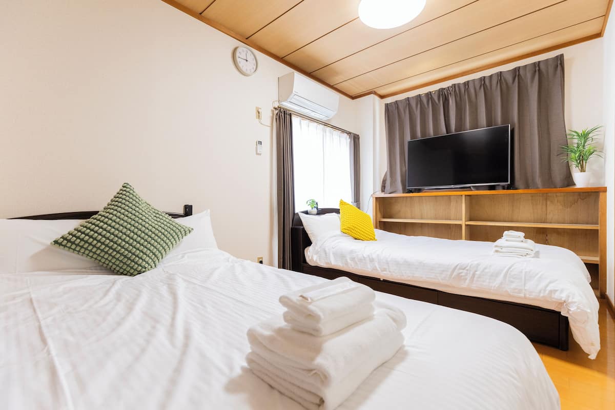 Quarto de hotel com duas camas, uma televisão e uma planta.