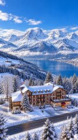 Uma cabana coberta de neve com vista para um lago e montanhas.