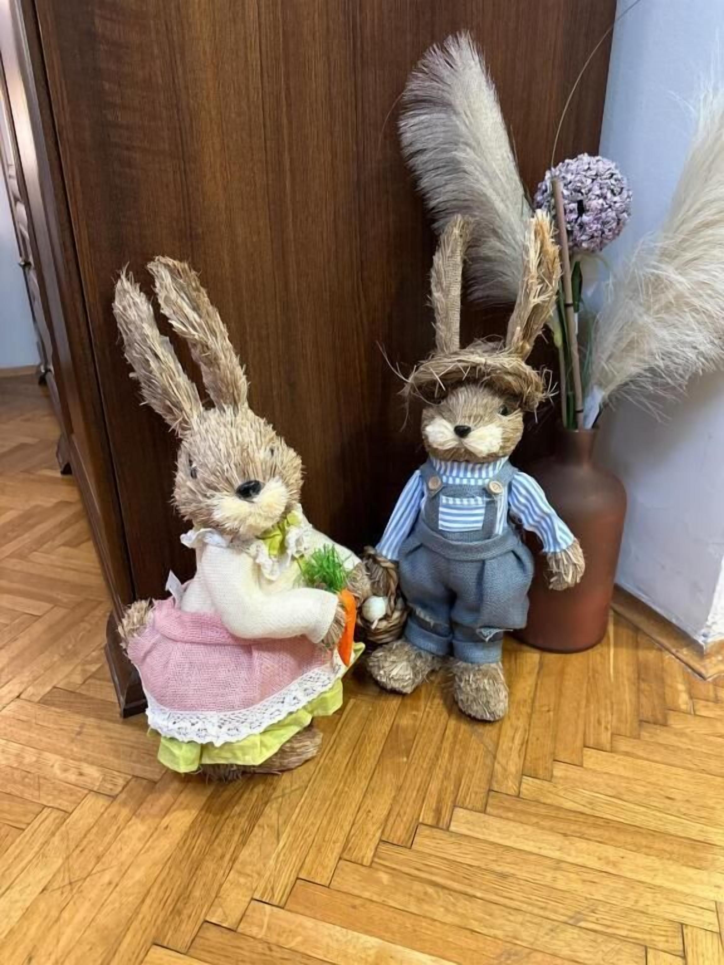 Dois coelhos de pelúcia em um chão de madeira, um vestido de rosa e outro de macacão, ao lado de um vaso com plantas secas.
