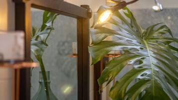 Quarto com uma janela grande, uma planta verde e um lustre.