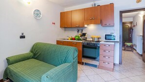 Um espaço compacto com cozinha compacta, sofá e área de refeições.