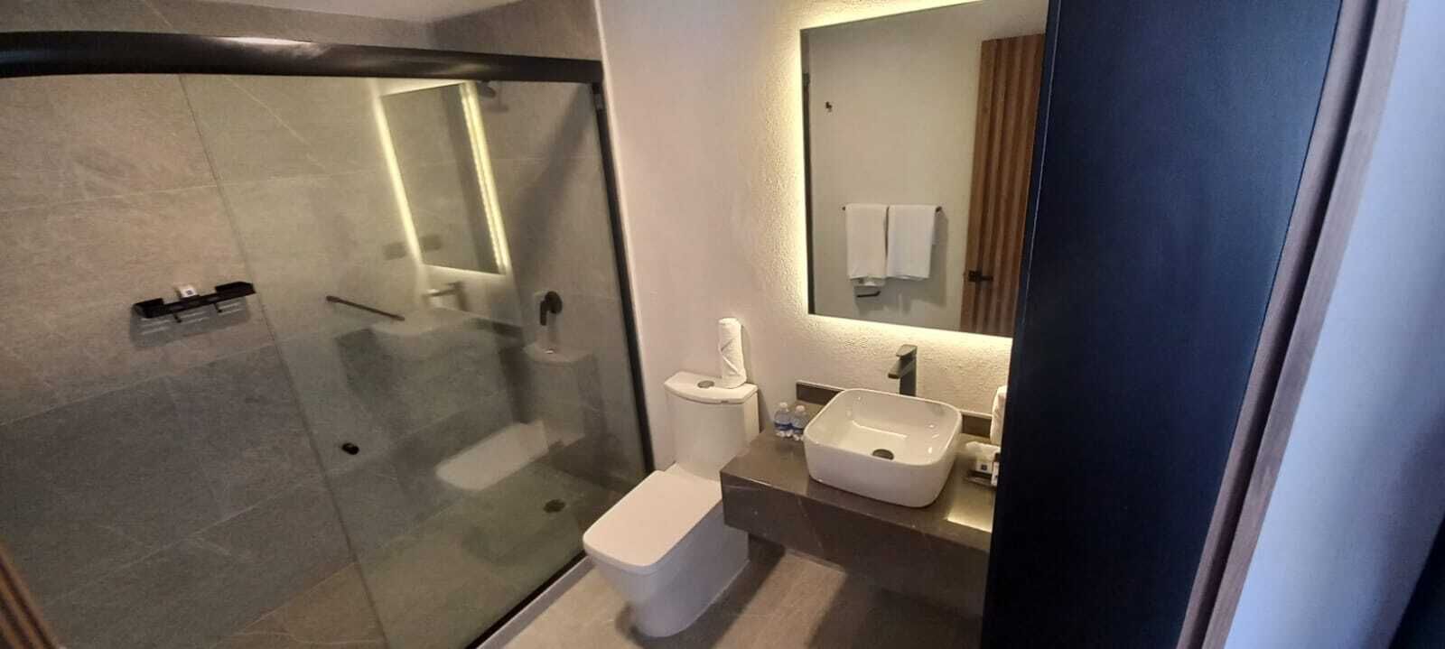 Uma casa de banho moderna com cabine de duche em vidro, sanita e lavatório com espelho em cima.