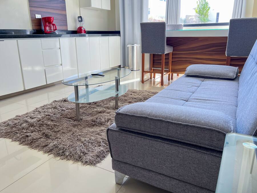 Uma sala de estar moderna com um sofá cinzento, uma mesa de centro de vidro e um tapete macio.
