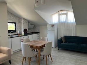 Penthouse, não fumadores, vista para a montanha | Cozinha privada | Um frigorífico/congelador grande, uma placa de cozinha