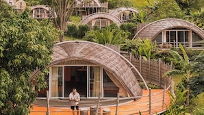 Uma série de alojamentos ecológicos em forma de cúpula, aninhados numa paisagem verde e exuberante.