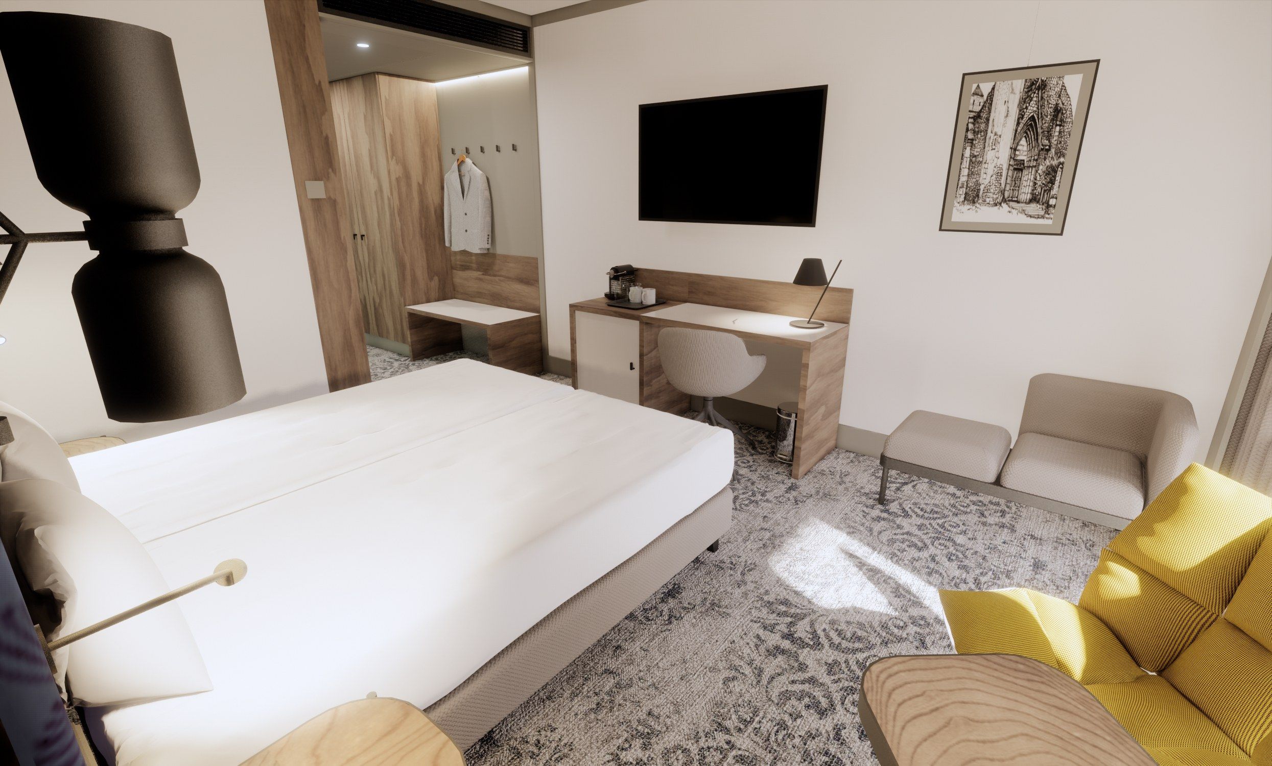 Quarto de hotel com cama, escrivaninha, cadeira, televisão e quadro na parede.