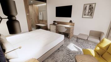 Quarto de hotel com cama, escrivaninha, cadeira, televisão e quadro na parede.