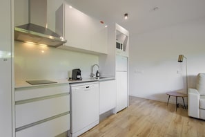 Apartamento Standard | Cozinha privada | Um frigorífico/congelador grande, um micro-ondas, uma placa de cozinha 