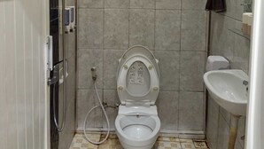 Casa de banho pequena com sanita, lavatório e chuveiro.