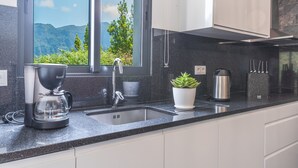 Uma cozinha moderna com cafeteira, pia e planta em vaso.