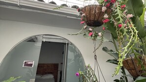 Uma estufa com uma cama, plantas grandes e um cesto suspenso com flores cor-de-rosa.