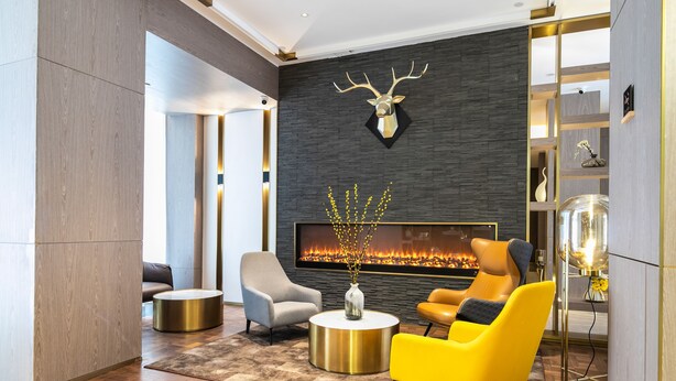 Uma sala de estar moderna com lareira, poltronas de couro e um veado decorativo na parede.
