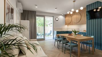 Apartamento superior (Baltic Wave 2) | Cozinha privada | Geladeira, cooktop, lava-louças, máquina de café expresso