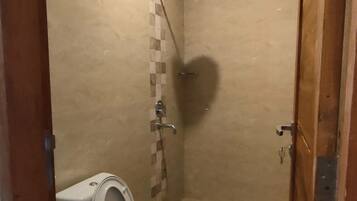 Casa de banho pequena e compacta, com sanita, chuveiro e parede revestida a azulejos.