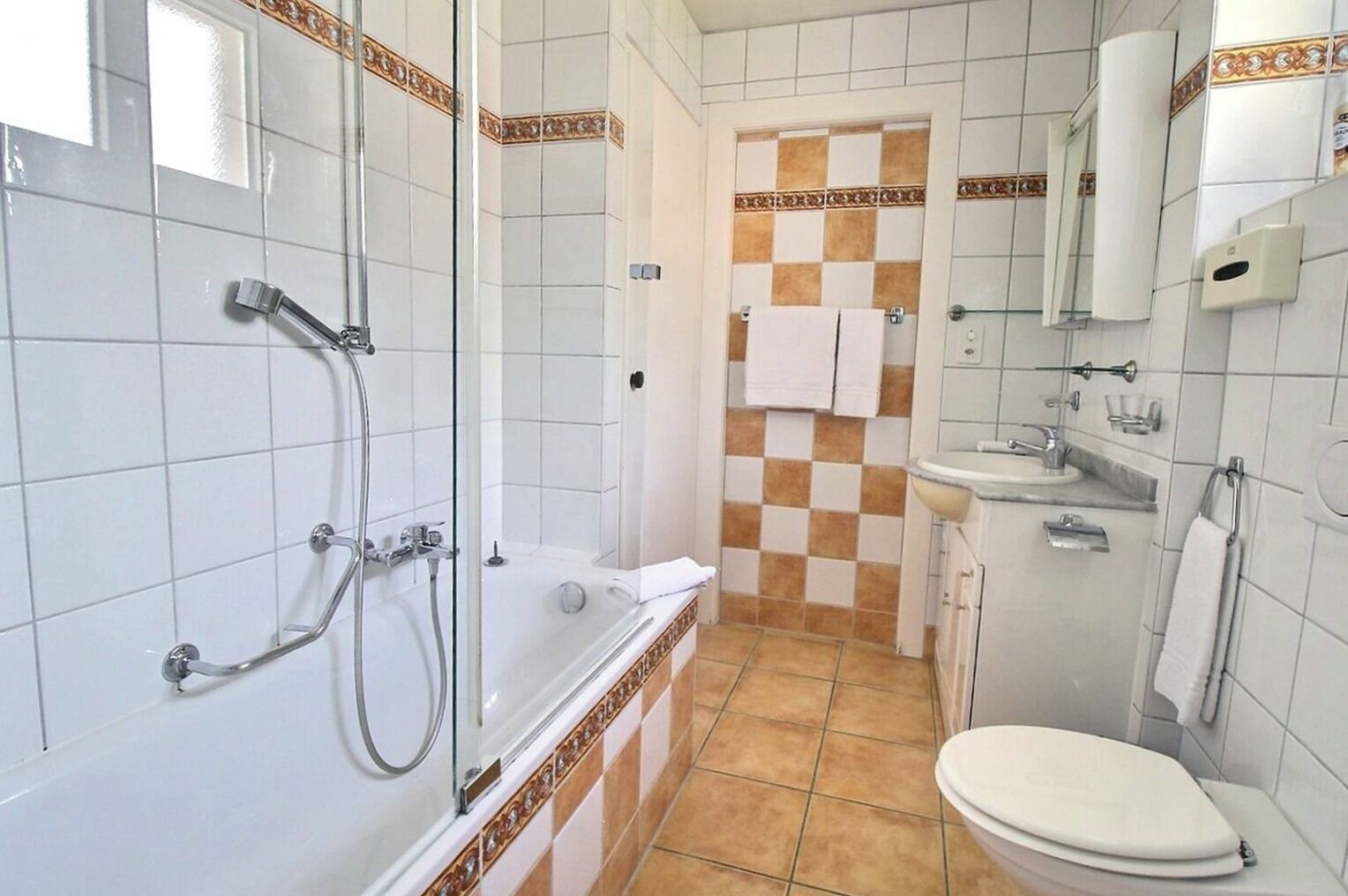 Casa de banho com chuveiro, sanita, lavatório e espelho.