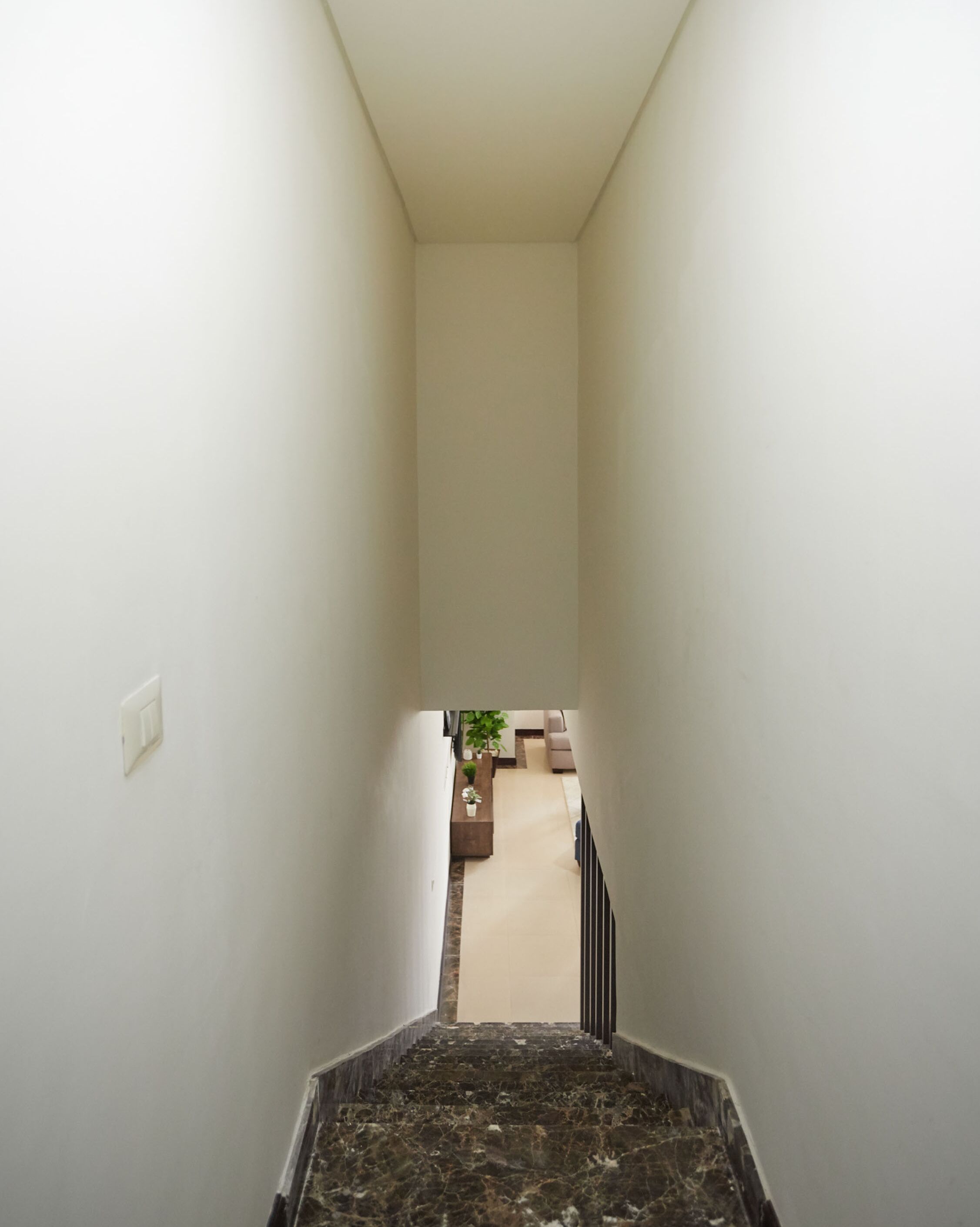 Uma escada estreita leva a uma sala de estar com um sofá e uma planta em vaso.