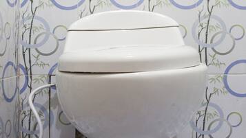 Chuveiro, toalhas de banho, papel higiênico