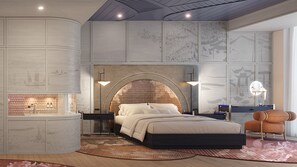 Minibar, cofre no quarto, com decoração personalizada, secretária 