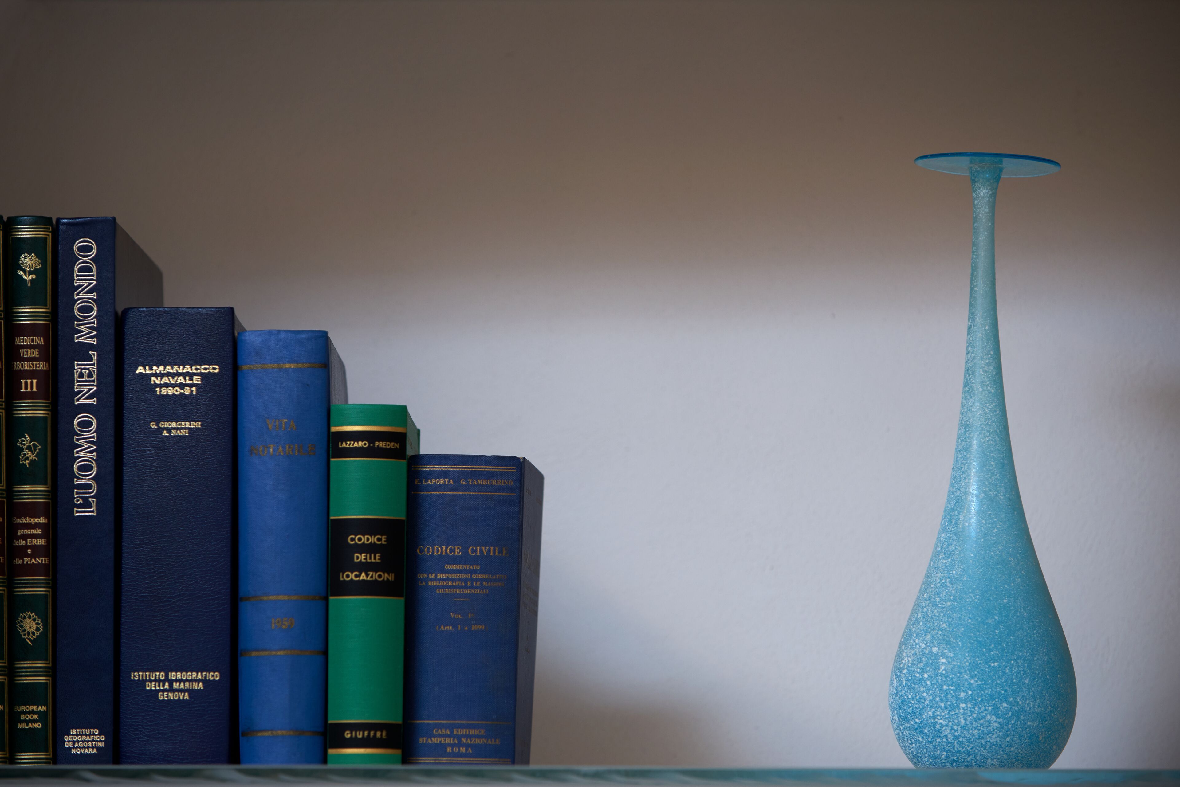 Uma coleção de livros e um vaso em uma estante.