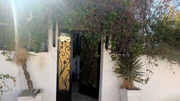 Uma entrada fechada com portão de ferro decorativo, plantas em vasos e uma parede branca.