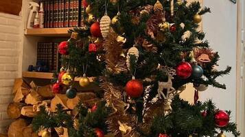 Árvore de Natal com enfeites e uma estante ao fundo.