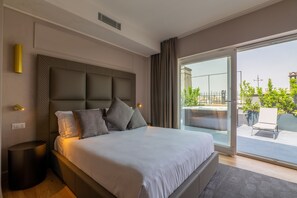 Suíte superluxo, banheira de imersão | 1 quarto, roupas de cama de algodão egípcio, roupas de cama premium