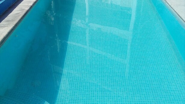 Piscina retangular com interior revestido em azulejo e borda azul.