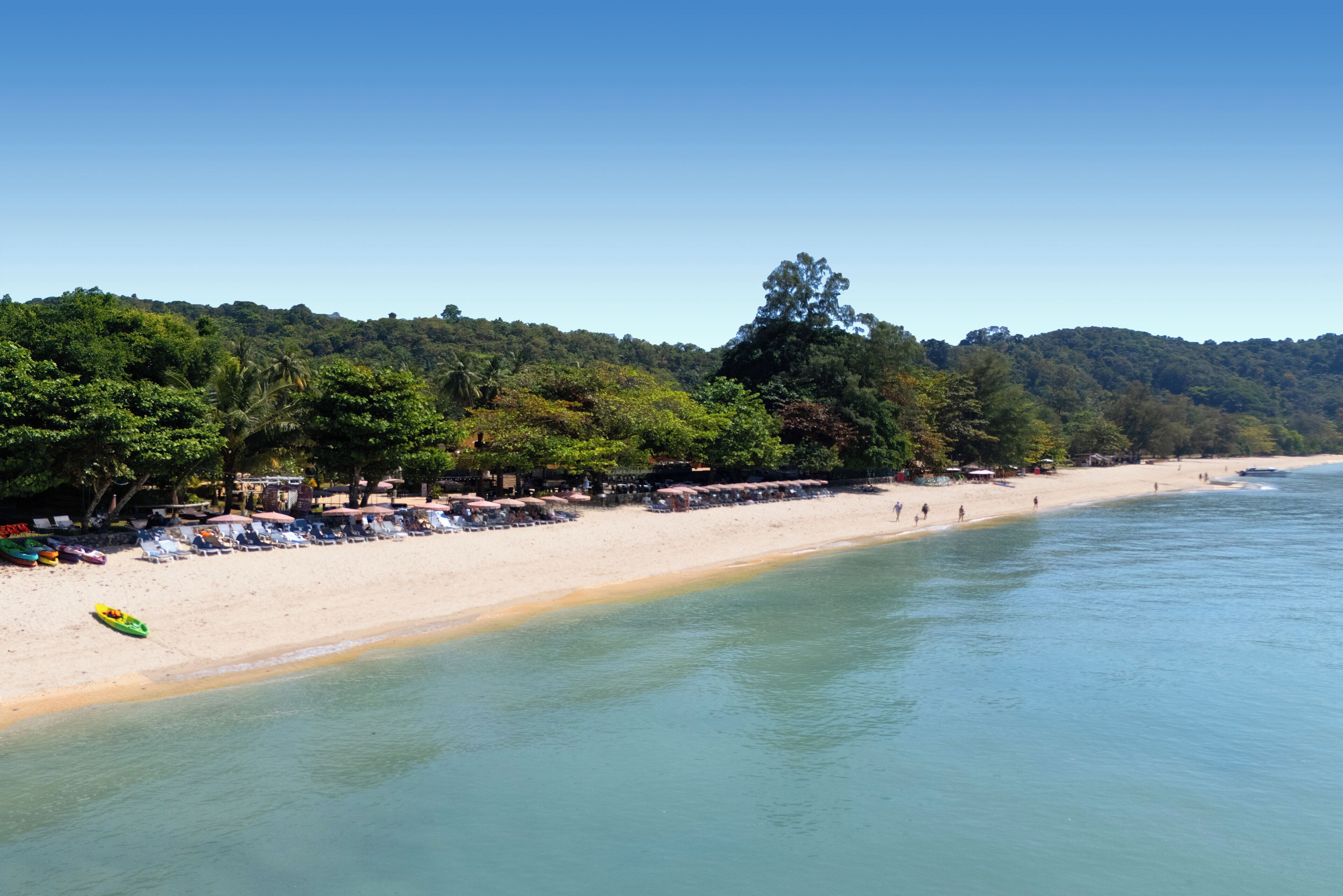 Uma praia com costa arenosa, água cristalina e uma colina arborizada ao fundo.
