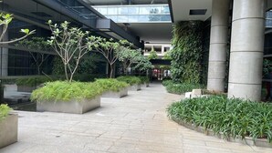 Um corredor moderno em ambiente interno, com vasos de plantas e uma parede verde.