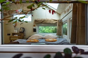 Quarto com cama, travesseiros, janela e vista para o verde lá fora.