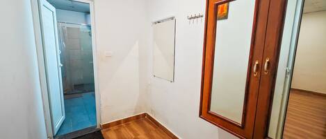 Um corredor com piso de madeira, uma porta com espelho e um interruptor de luz na parede.
