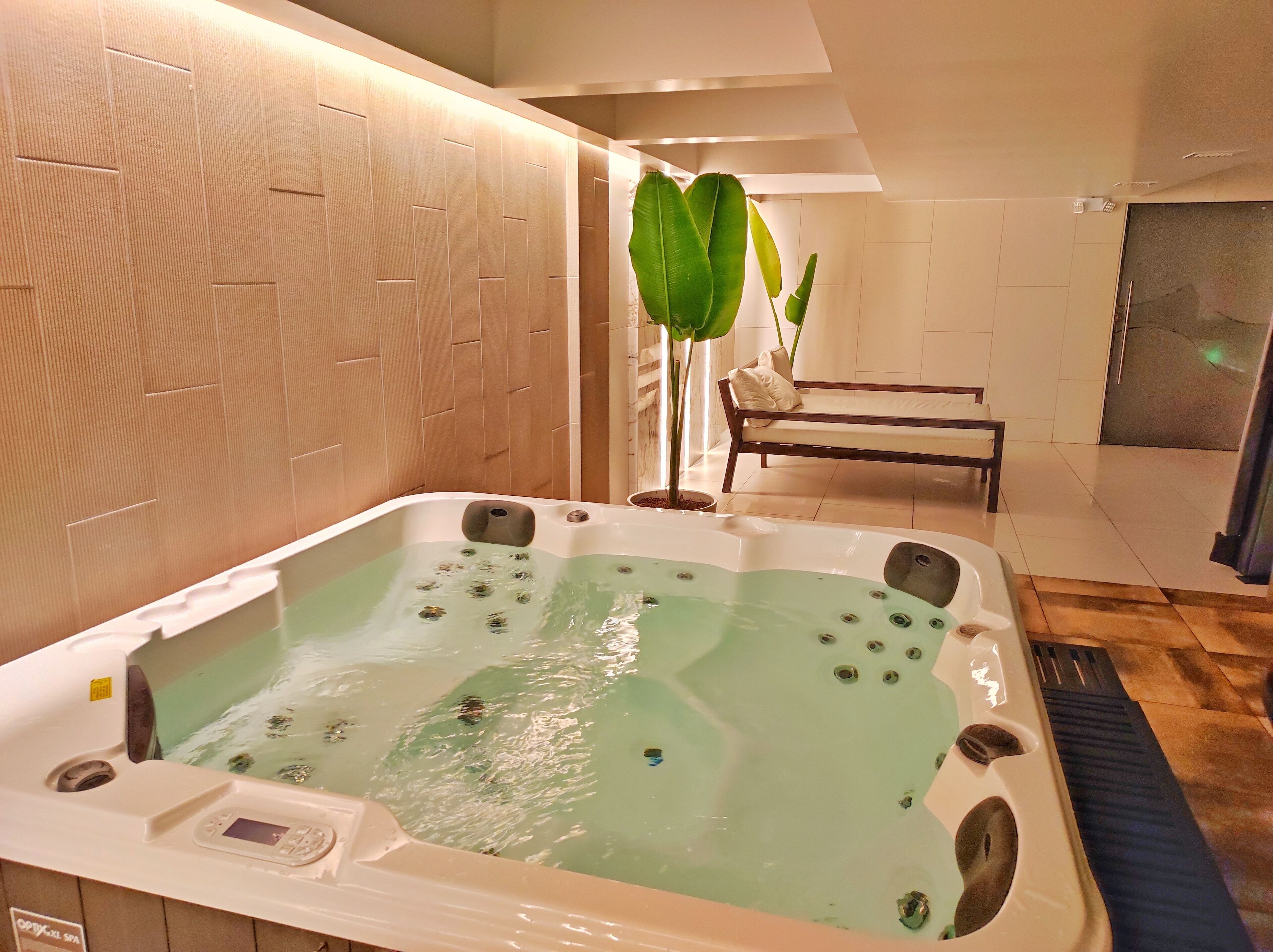 Um espaço de spa com hidromassagem, um banco e uma planta em vaso.