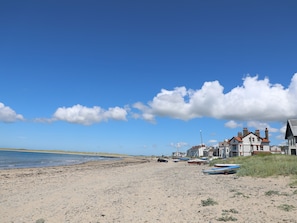 Uma praia com barcos, uma orla arenosa e casas ao fundo.