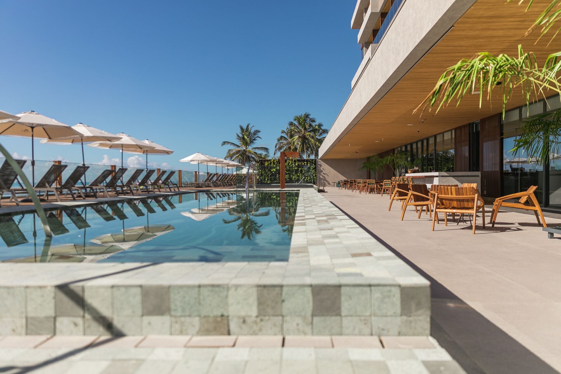 Uma área de piscina com espreguiçadeiras e guarda-sóis, céu claro e palmeiras ao fundo.