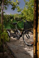 Uma bicicleta ergométrica com cesto, estacionada em um caminho de pedras.