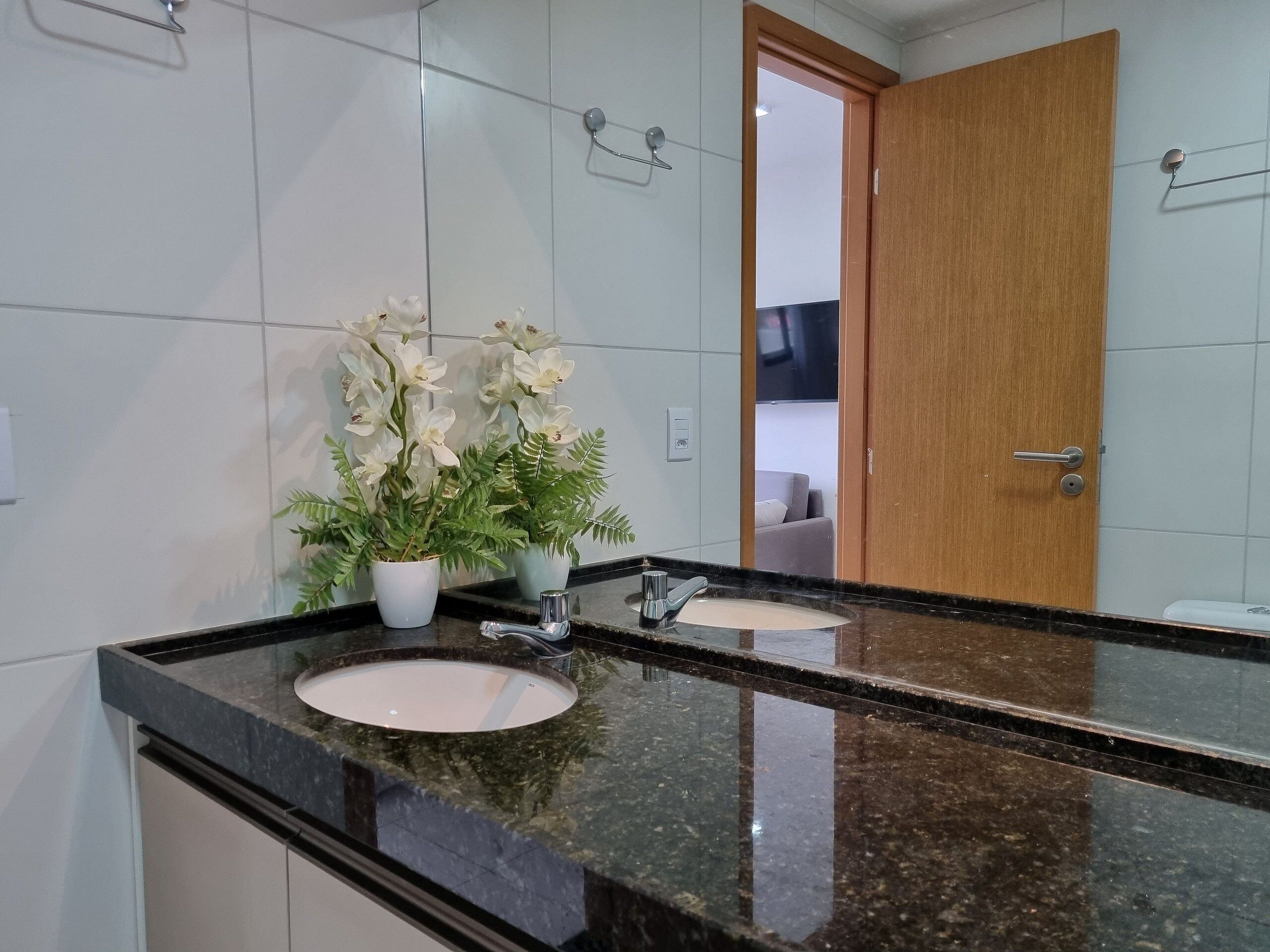 Casa de banho com uma pia dupla, espelho e planta em vaso.