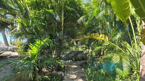 Caminho de pedra ladeado por vegetação tropical exuberante, que leva a uma área sombreada com vista para o mar.