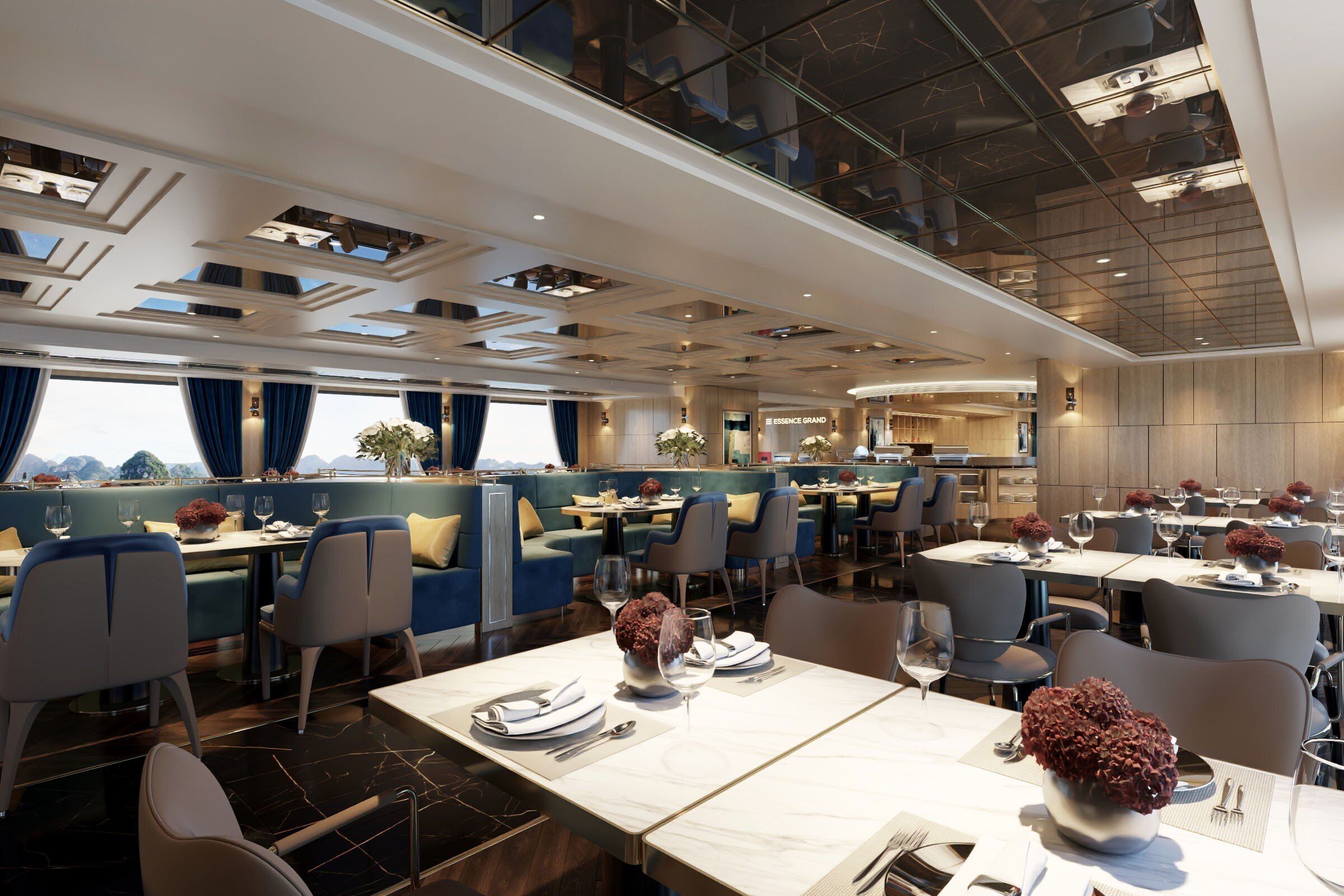 Um restaurante moderno com pé-direito alto, várias áreas de refeições e vista para o exterior.