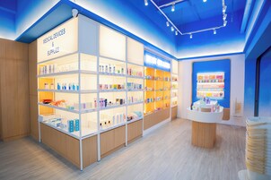 Loja bem iluminada com prateleiras de produtos médicos e um balcão de atendimento.