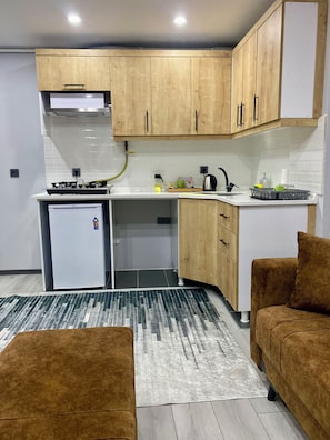 Apartamento Superior, 1 cama queen-size e sofá-cama, não fumadores, Vista para a cidade | Cozinha privada | Minifrigorífico, uma placa de cozinha, utensílios de cozinha 