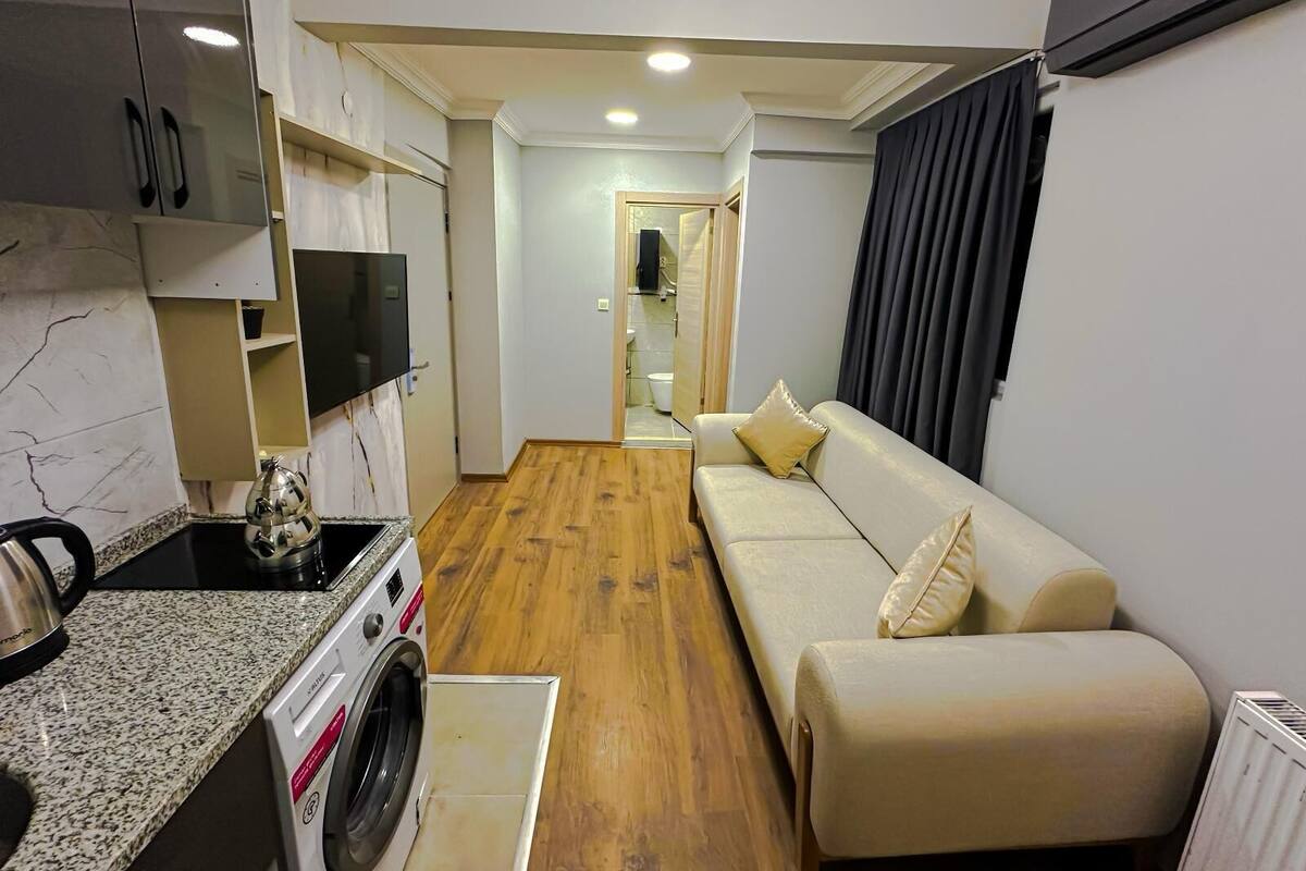 Um espaço compacto com cozinha compacta, sofá e vista para o banheiro.