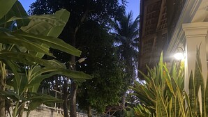 Um caminho pavimentado ladeado por vegetação exuberante e um edifício com arquitetura clássica.