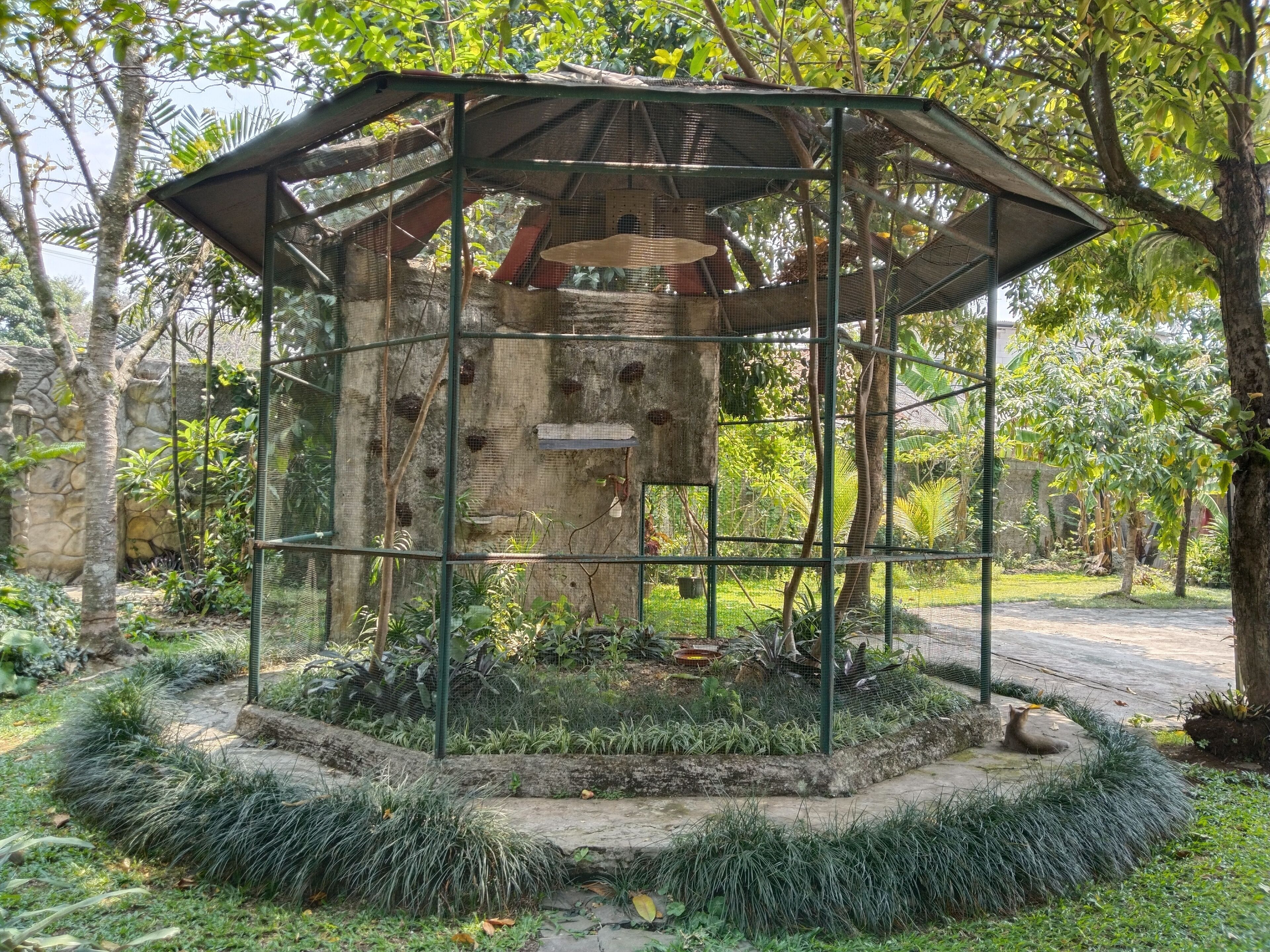 Uma estrutura de gazebo com armação de metal e telhado, rodeada por um caminho circular de pedra e vegetação exuberante.