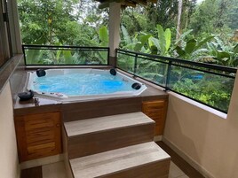 Uma banheira de hidromassagem com degraus de acesso, cercada por grades de vidro e vegetação exuberante.