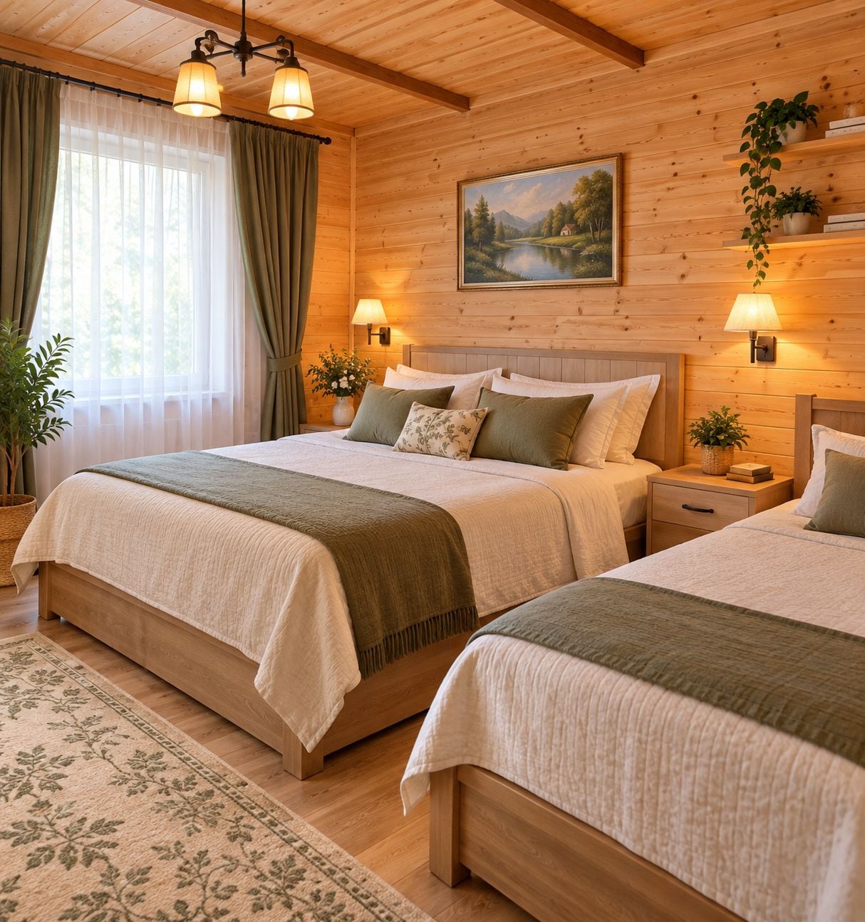 Quarto com duas camas, paredes de madeira, um quadro e uma janela com cortinas.