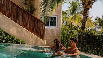 Piscina com deck de madeira e palmeiras.