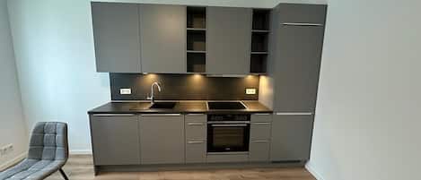 Um frigorífico/congelador grande, um forno, uma placa de cozinha