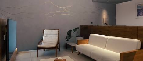 Uma sala de estar moderna com um sofá branco, uma mesa de centro de madeira, uma poltrona estofada e uma parede com linhas de luz abstratas.